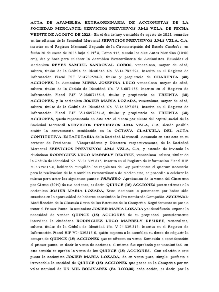 Acta Asamblea Accionistas Servicios J.M.S VZLA | PDF | Venezuela