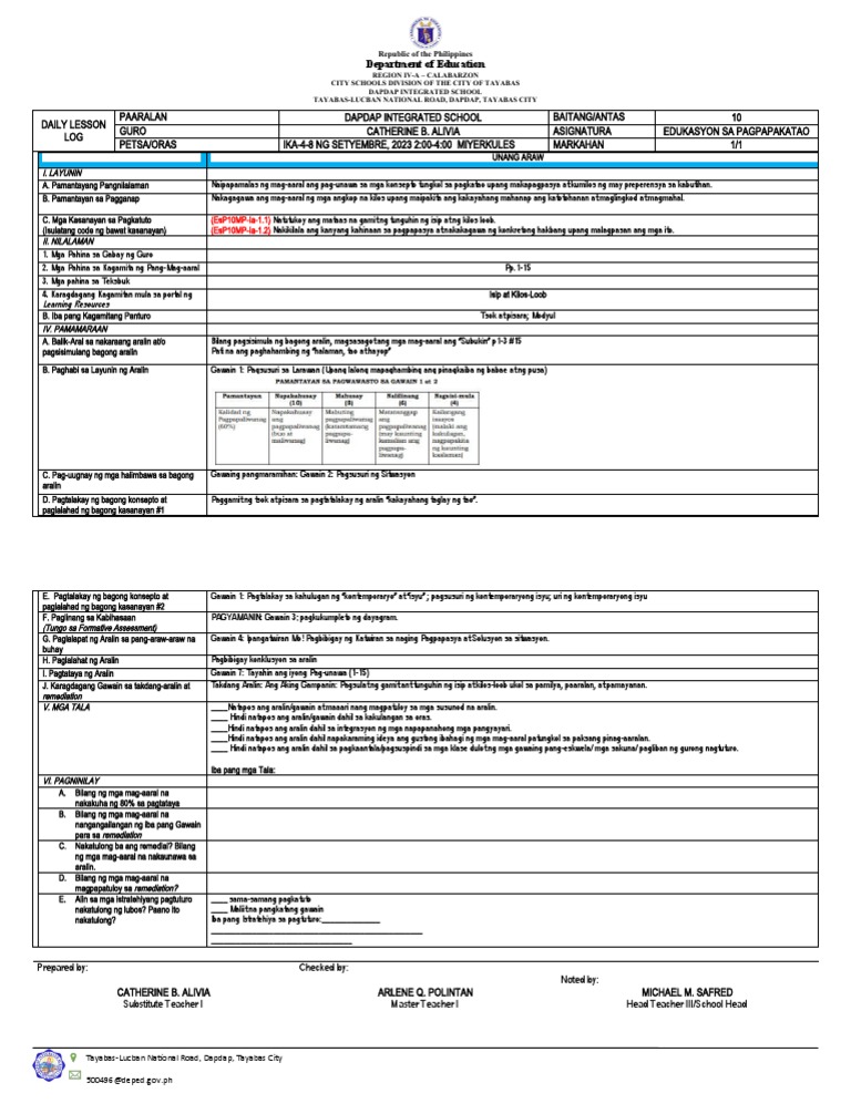 ESP 10 DLL Q1 Week 1 | PDF
