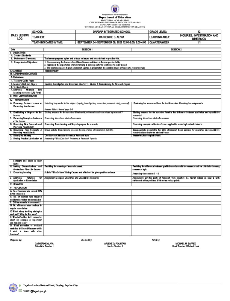 Grade 12 Inquiries, Investigation and Immersion DLL | PDF | Learning ...