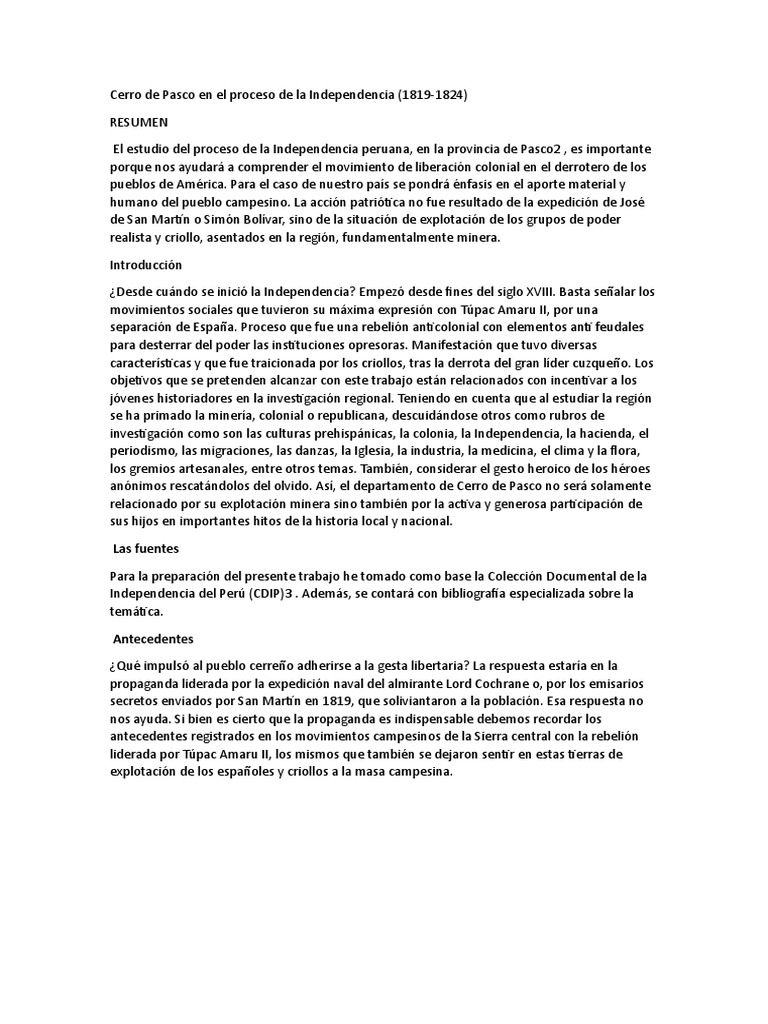 Cerro de Pasco en El Proceso de La Independencia | PDF | Militar | Conflictos