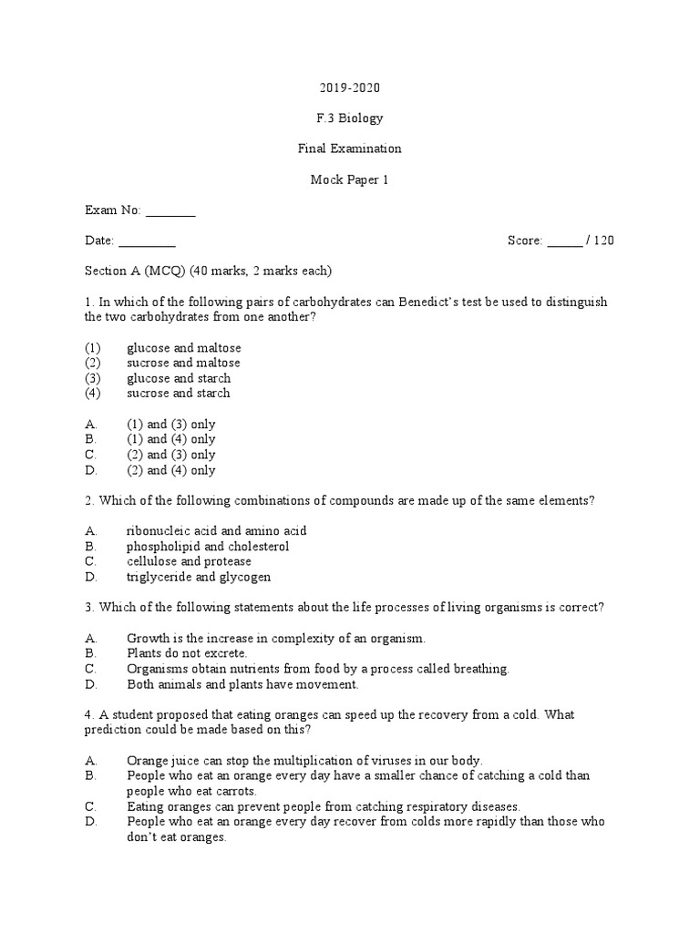 Biology Mock Paper 3 | PDF | Food Energy | Cell (Biology)