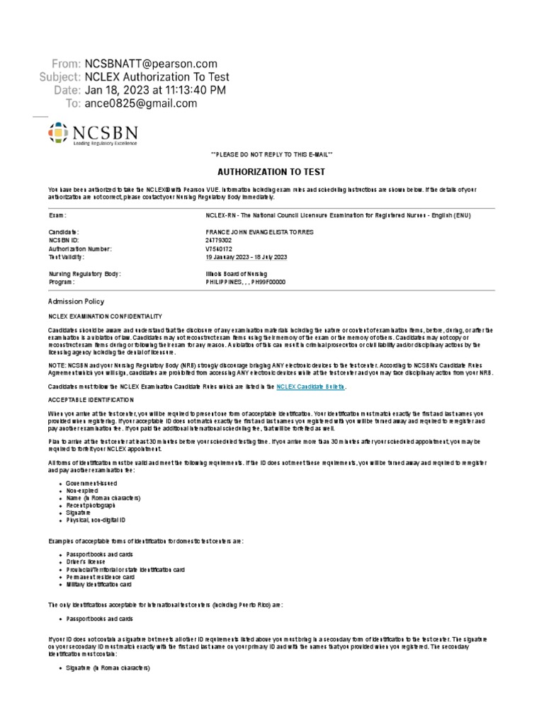 NCLEX Authorization To Test 3 | PDF | National Council Licensure ...