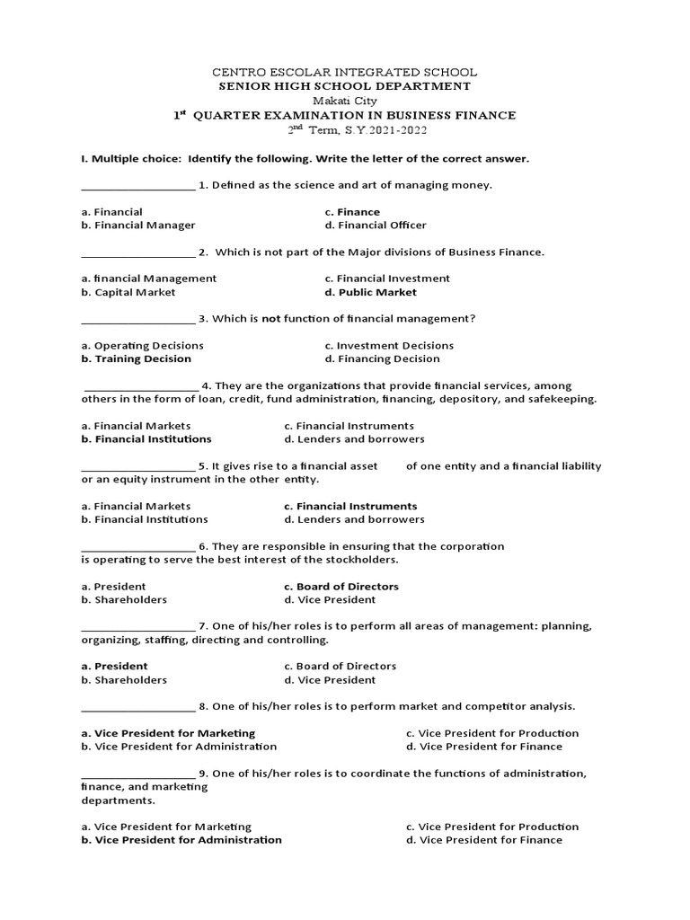 Business Finance 1st Quarter Exam | PDF | Income Statement | Cash Flow ...