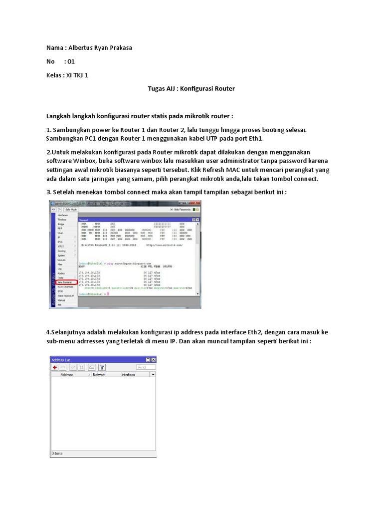 01 - Albertus Ryan Prakasa - Langkah Konfigurasi Router Statis Dinamis Mikrtik Router | PDF
