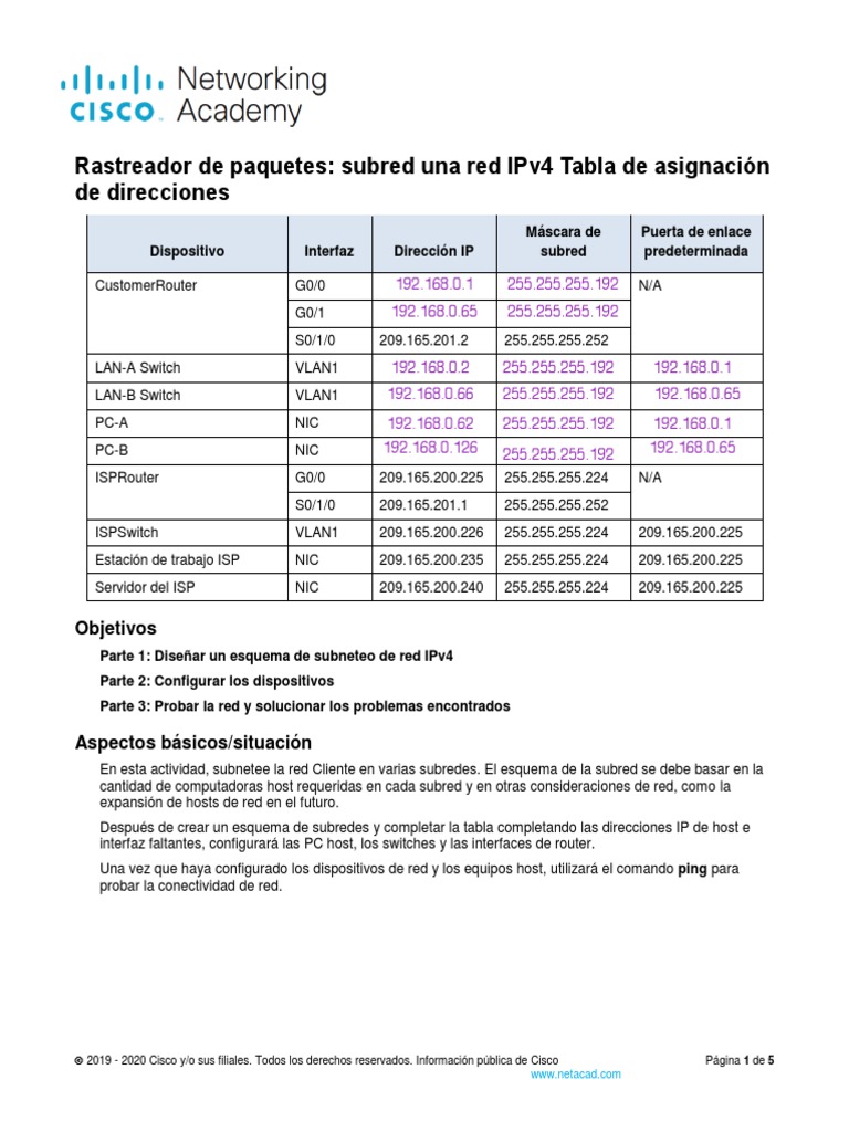 11.5.5 Packet Tracer - Subnet An Ipv4 Network - Es XL | PDF | Dirección IP | Telecomunicaciones