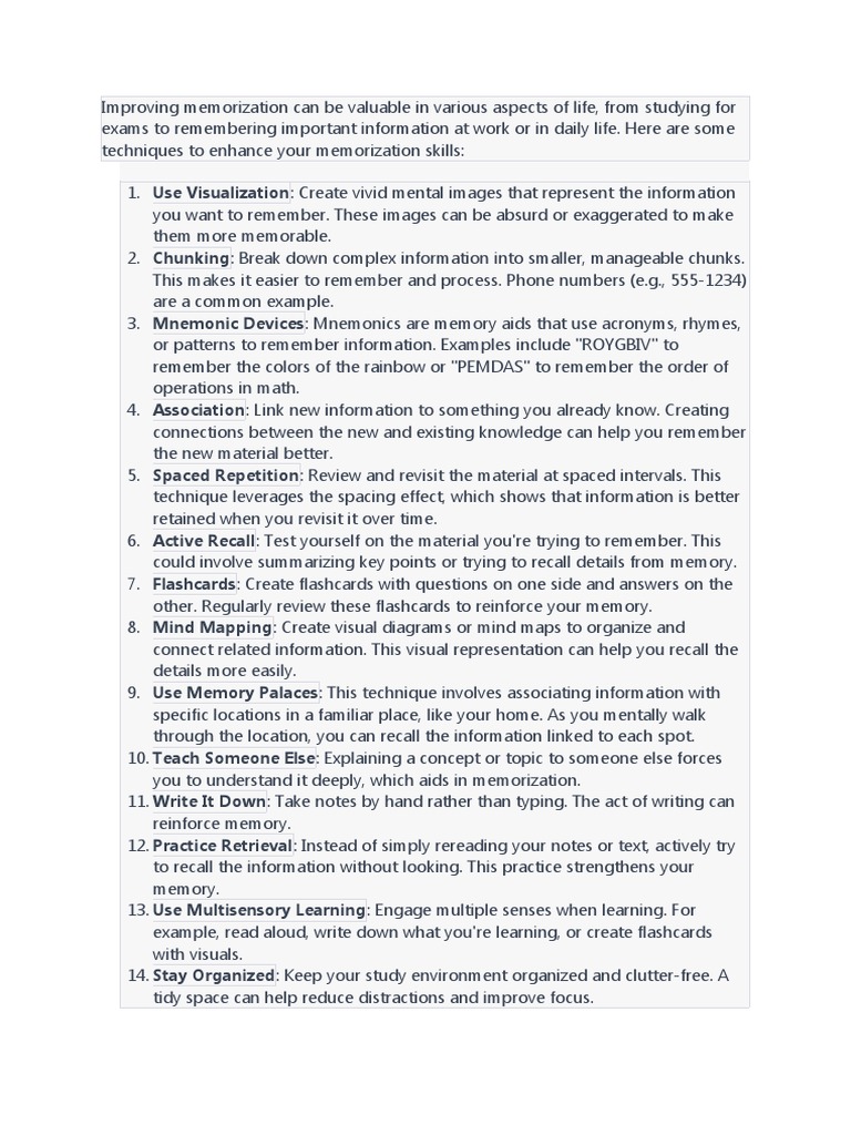 Techniques To Better Memorisation | PDF | Memory | Recall (Memory)