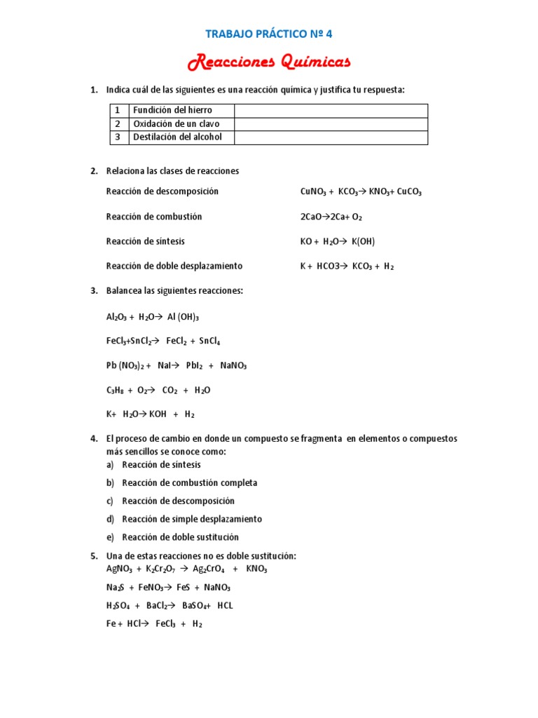 TRABAJO PRÁCTICO Nº 4-REACCIONES QUIMICAS | PDF