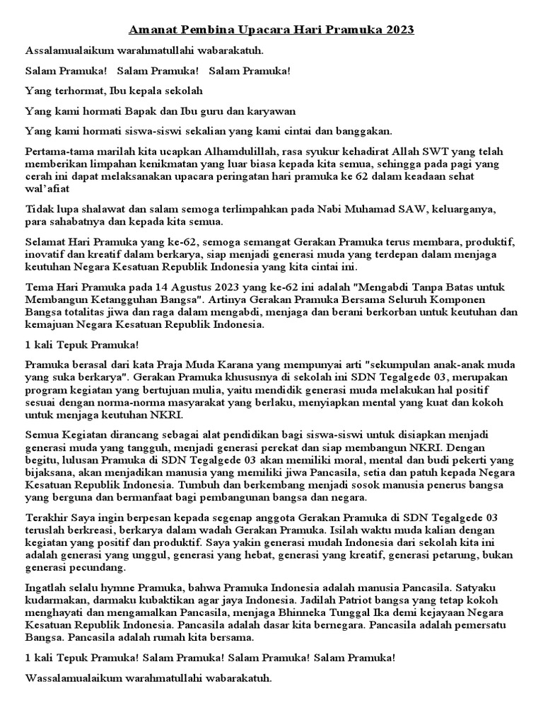Amanat Pembina Upacara Hari Pramuka 2023 | PDF
