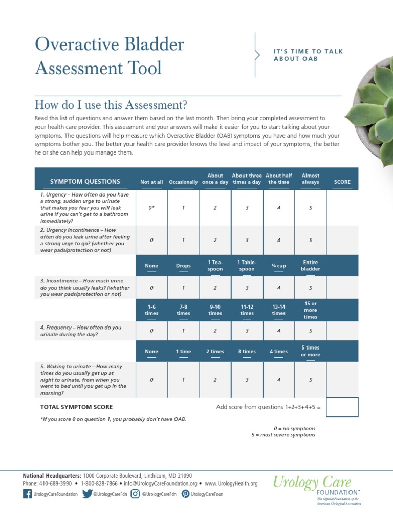Overactive Bladder OAB Assessment Tool | PDF | Urinary Incontinence | Urinary System
