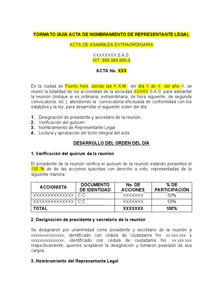 Modelo de Acta Nombramiento Representante Legal Sociedad Por Parte Junta Directiva Con ...