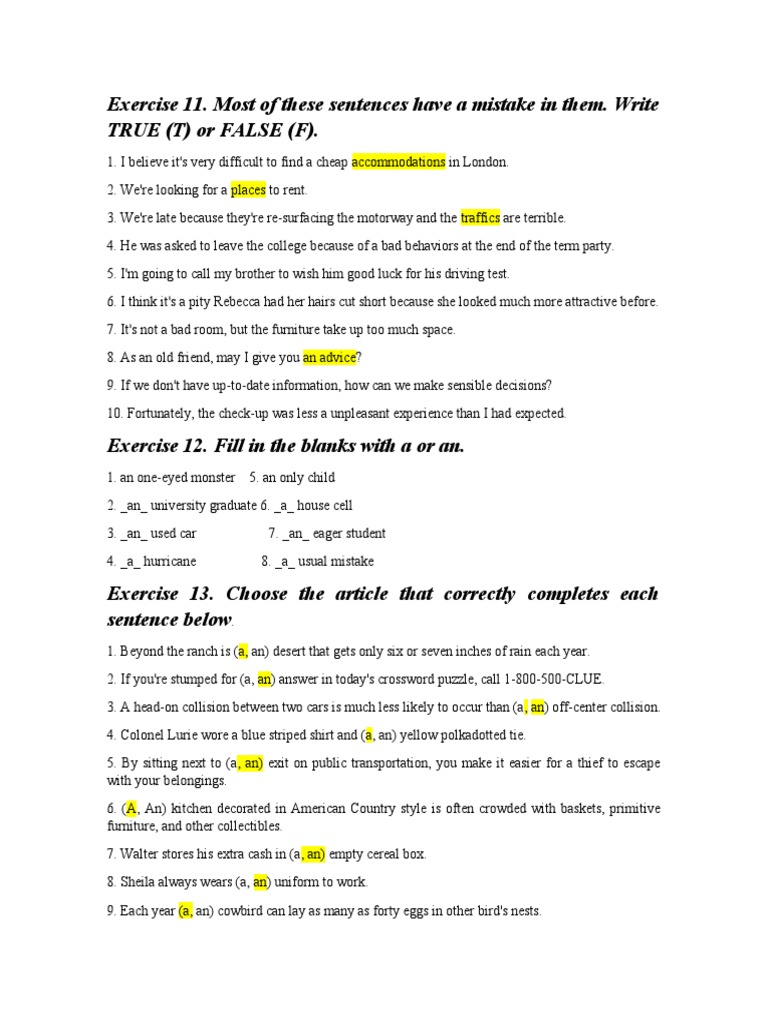 Exercise 11. Most of These Sentences Have A Mistake in Them. Write True (T) or False (F) | PDF