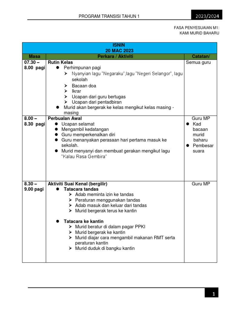 Jadual Transisi Minggu 1 Fasa Penyesuaian | PDF