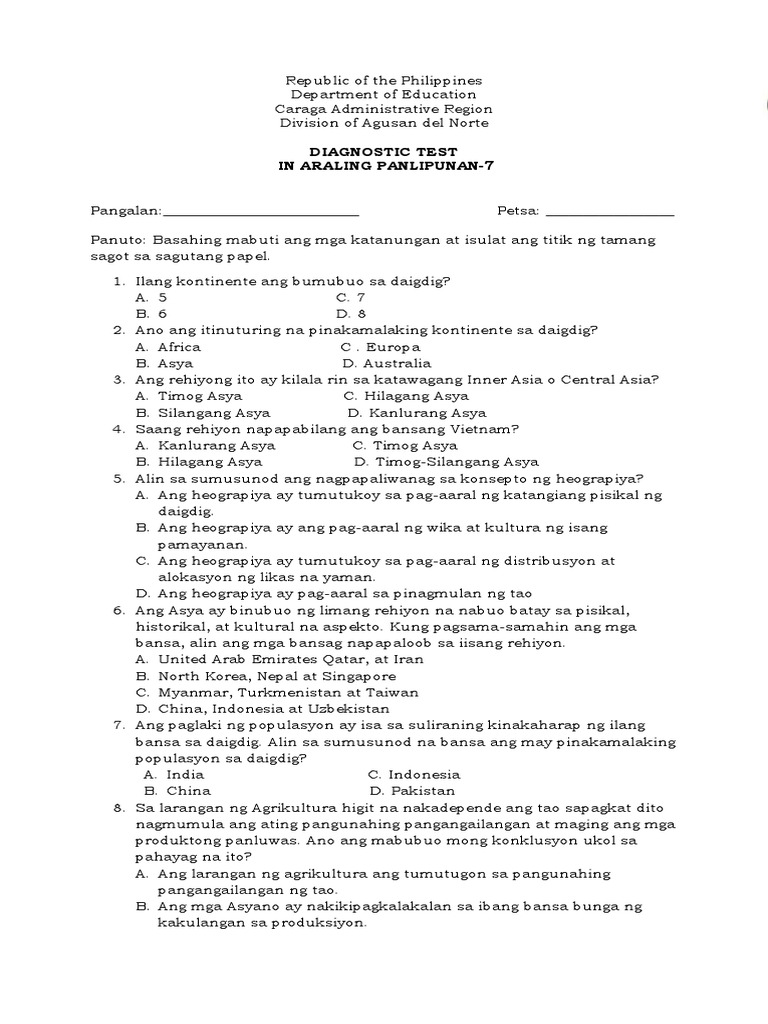 Aral. Pan. 7 Diagnostic Test | PDF
