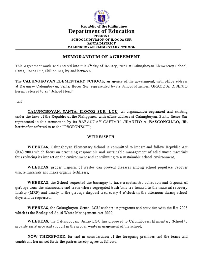 Memorandum of Agreement Proper Waste Disposal | PDF | Waste Management ...