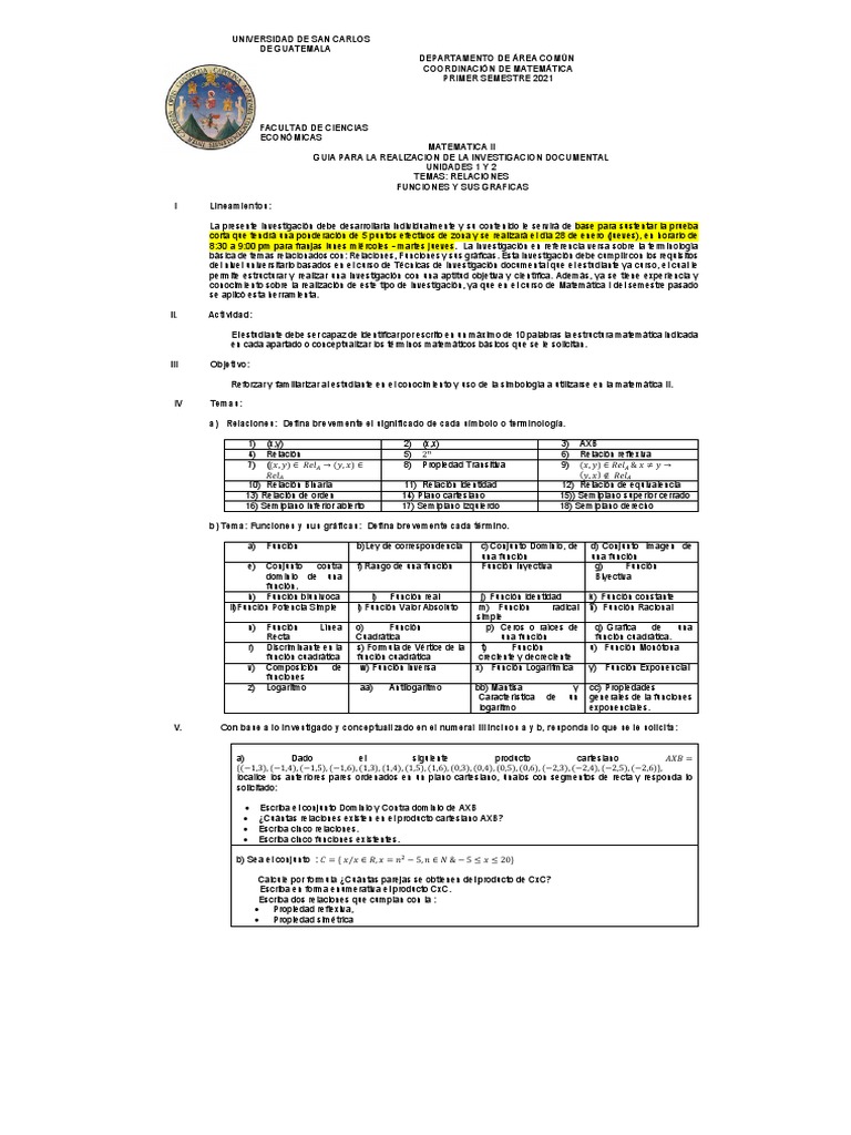 GUIA INVEST. Mate II REL. FUNc. GRAFICAS - 2021 | PDF | Función (Matemáticas) | Logaritmo