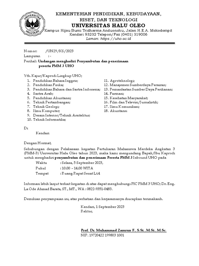 Surat Undangan Penyambutan Peserta PMM 3 Inbound UHO | PDF