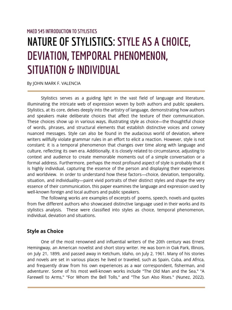 Task 1 Nature Of Stylistics Valencia Jm Pdf Human Communication