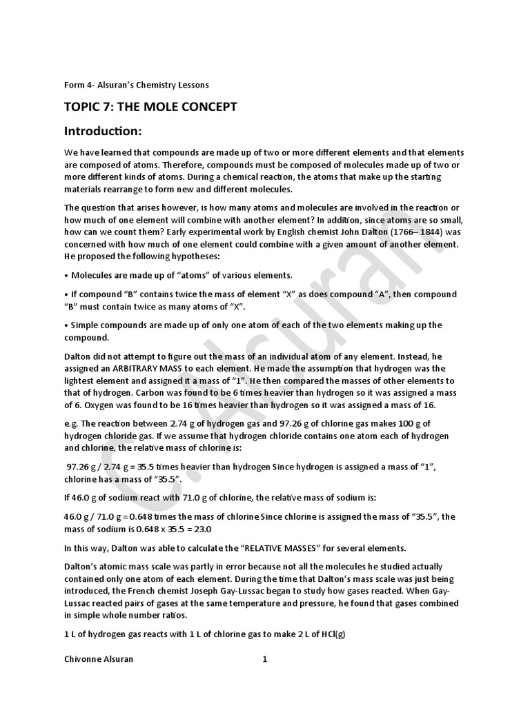 Form 4 Topic 7 - Moles | PDF | Mole (Unit) | Gases