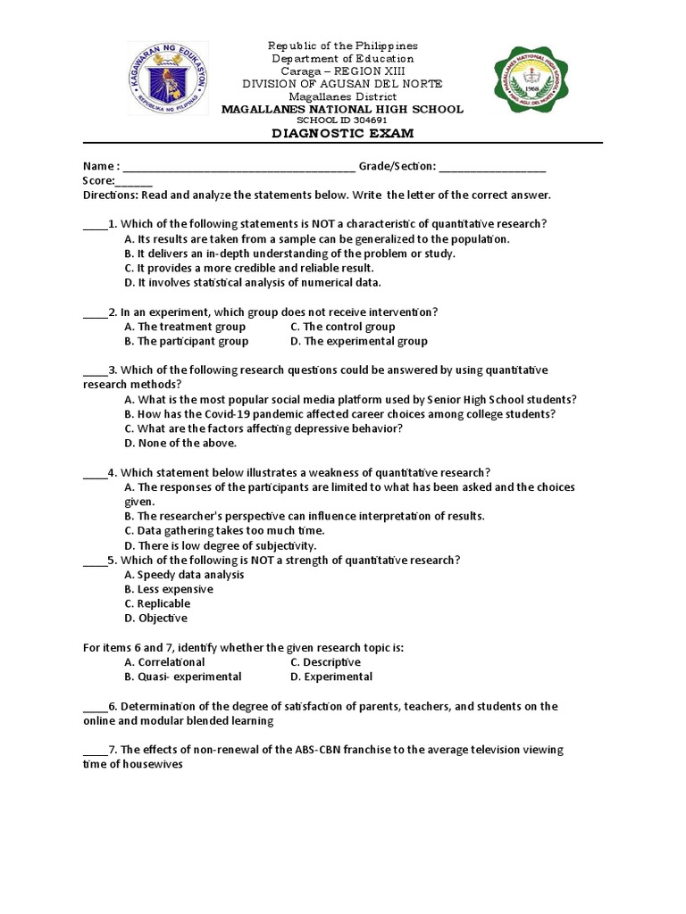 Diagnostic Exam - Prac Research 2 q1-m1-m2 | PDF | Experiment | Question