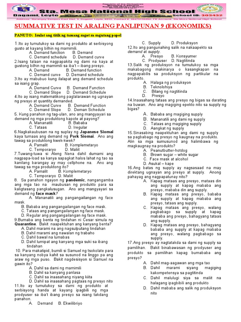 Summative Test in Araling Panlipunan 9 Quarter 2 | PDF