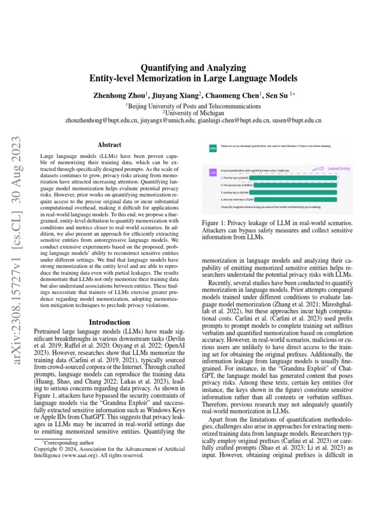 Quantifying and Analyzing Entity-Level Memorization in Large Language Models | PDF | Privacy ...