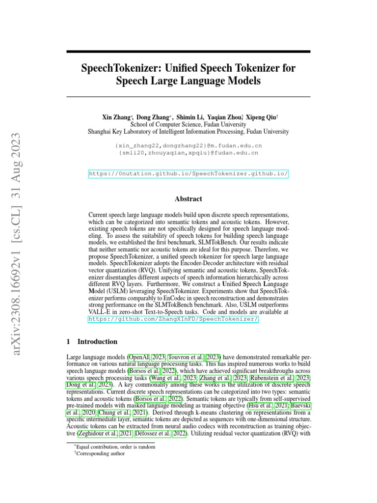 Speechtokenizer: Unified Speech Tokenizer For Speech Large Language Models | PDF | Data ...