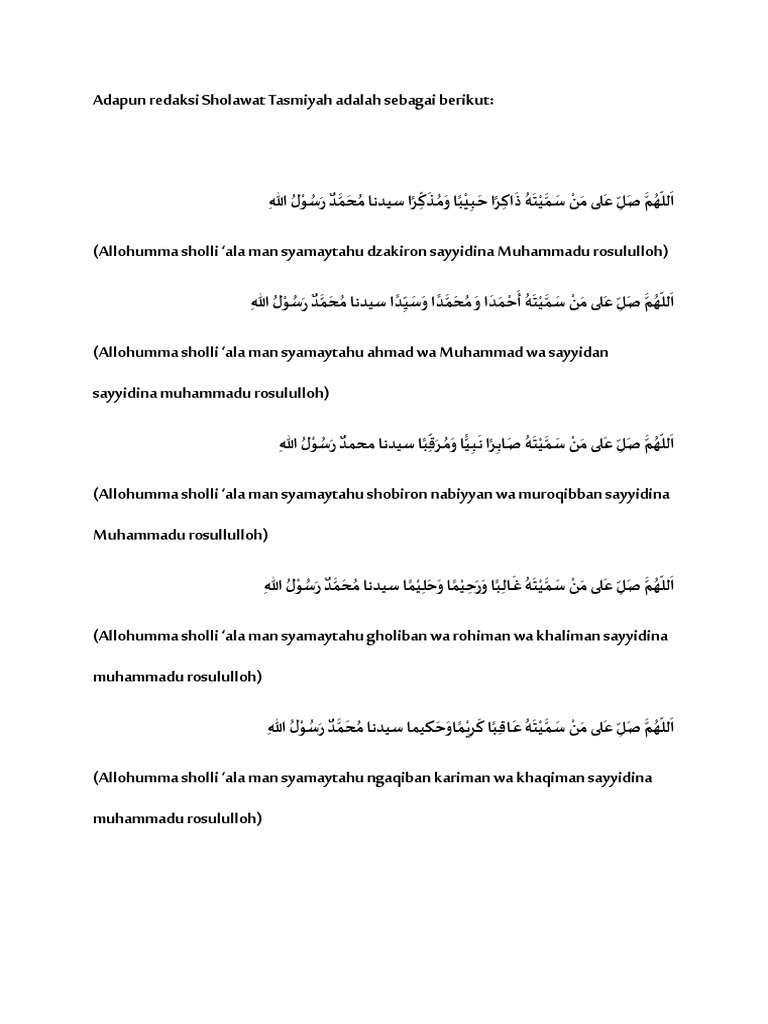 Adapun Redaksi Sholawat Tasmiyah Adalah Sebagai Berikut | PDF | Islamic ...
