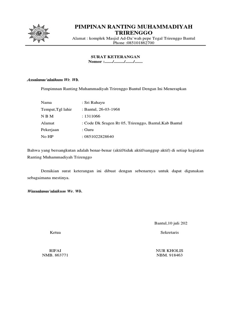 Dokumen - Tips - Blangko Surat Keterangan Aktif Di Muhammadiyah | PDF