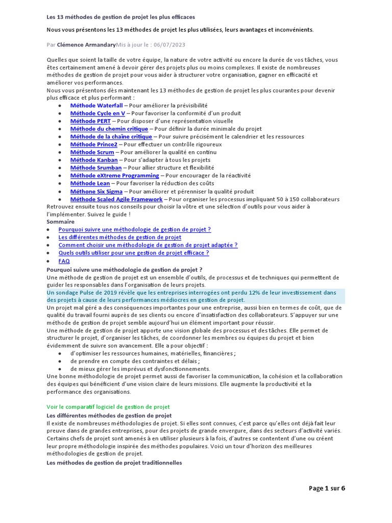 Les 13 Méthodes de Gestion de Projet Les Plus Efficaces | PDF | Gestion de projet | Scrum ...