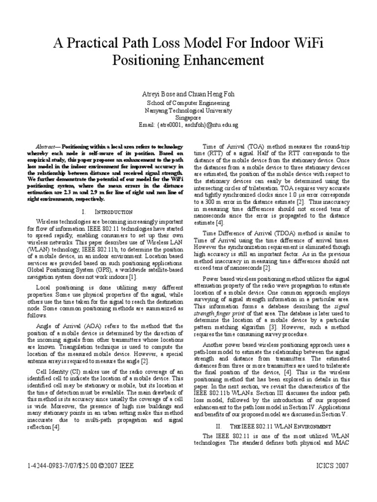 A Practical Path Loss Model For Indoor Wifi Positioning Enhancement 2007 Pdf Ieee 802 11