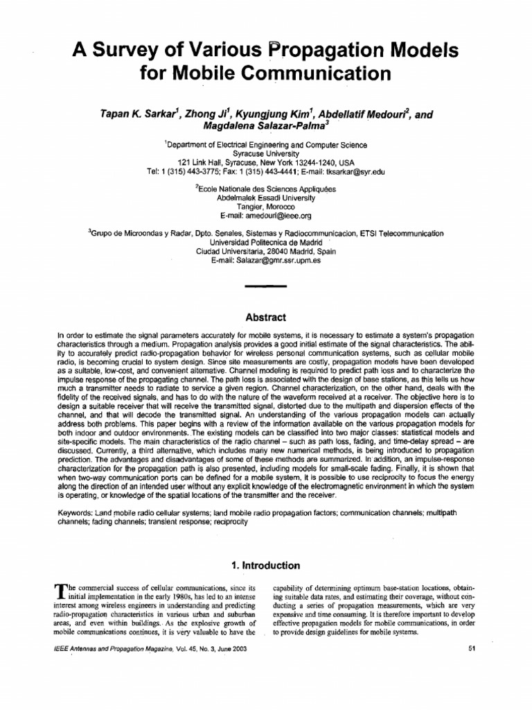 A Survey Of Various Propagation Models For Mobile Communication 2003