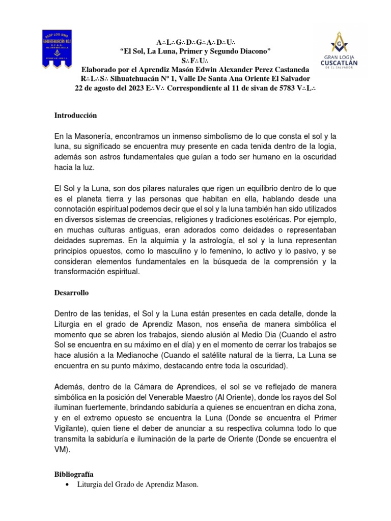 El Sol y La Luna, Primer y Segundo Diac, Trabajo Edwin Perez. | PDF | Masonería | Luna