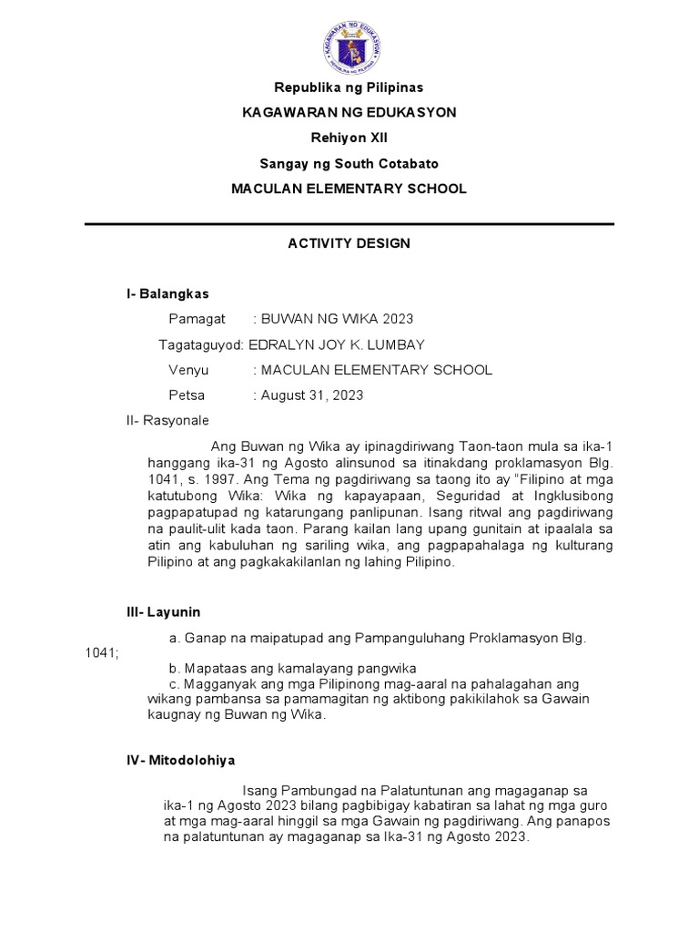 Buwan NG Wika Activity Design 2023 | PDF