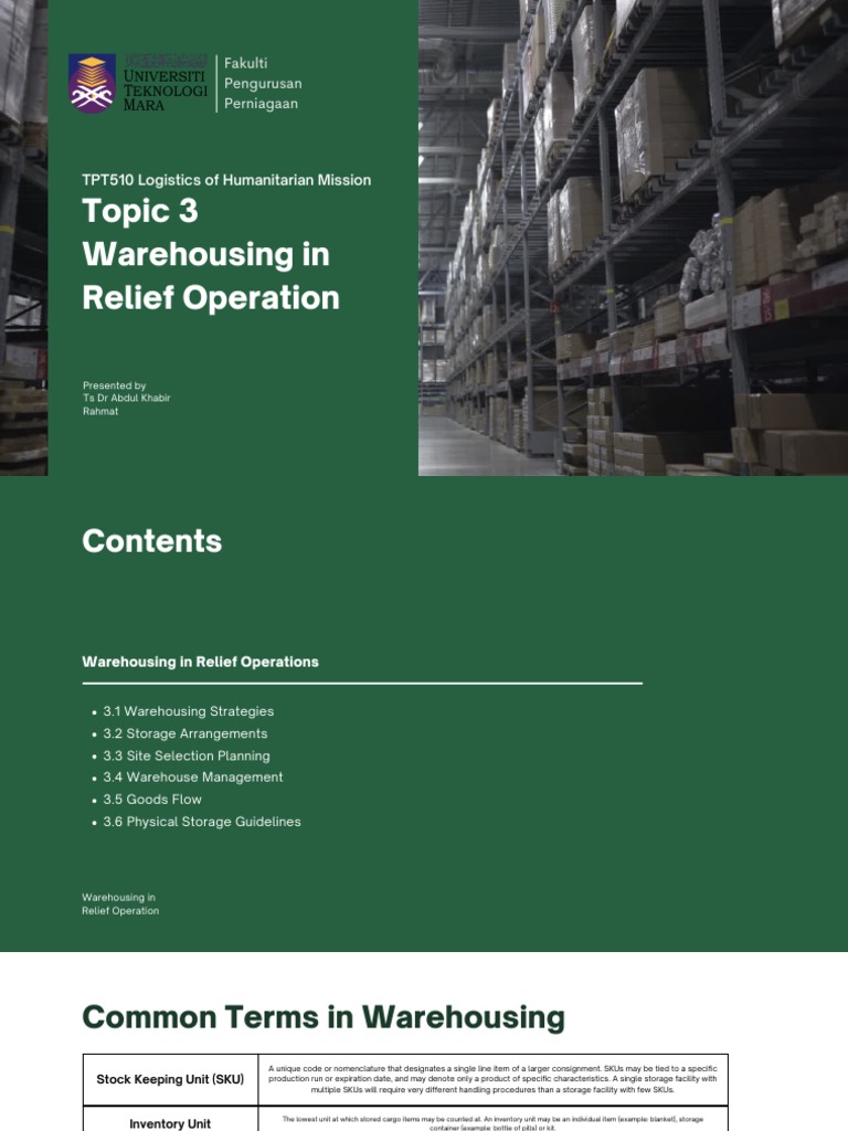 TPT 510 Topic 3 - Warehouse in Relief Operation | PDF | Warehouse | Pallet