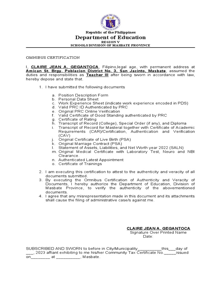 Omnibus Certificate | PDF