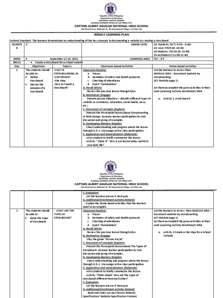 Weekly Learning Plan Week 4 Ict Pdf Educational Technology Learning
