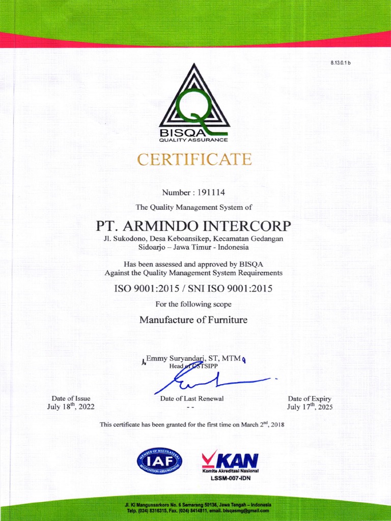 Sertifikasi SNI PT. Armindo Intercorp | PDF