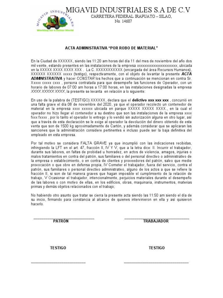 Acta Administrativa por Robo de Material | PDF