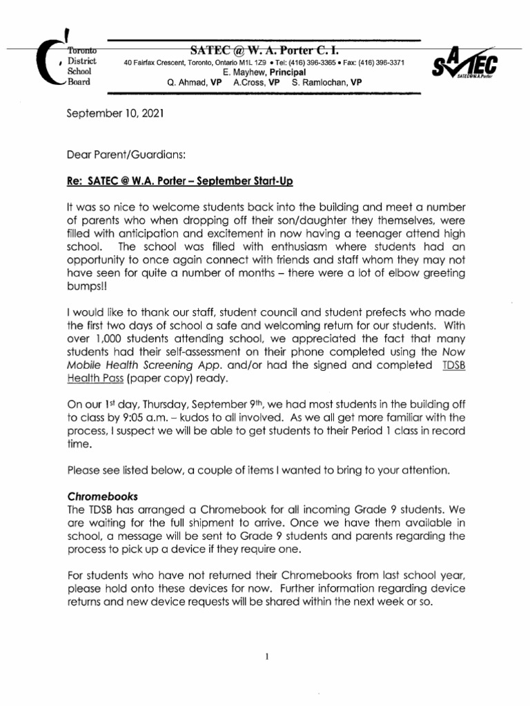 2021 Sept 10 SATEC Parent Letter School Opening | PDF