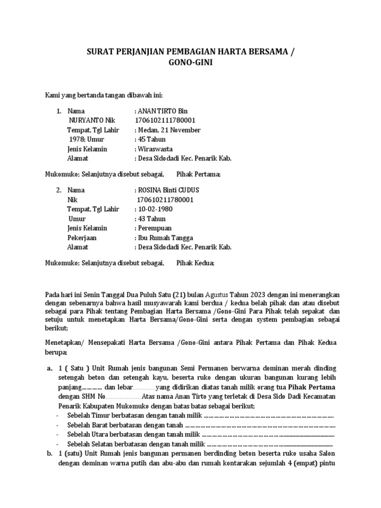 Surat Perjanjian Pembagian Harta Bersama | PDF