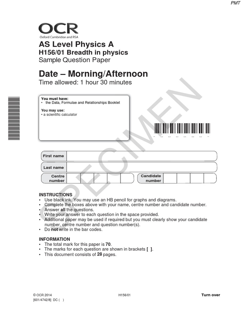 Specimen QP - Paper 1 OCR (A) Physics AS-level | PDF | Buoyancy | Quantity