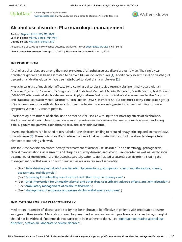 Alcohol Use Disorder - Pharmacologic Management - UpToDate | PDF ...