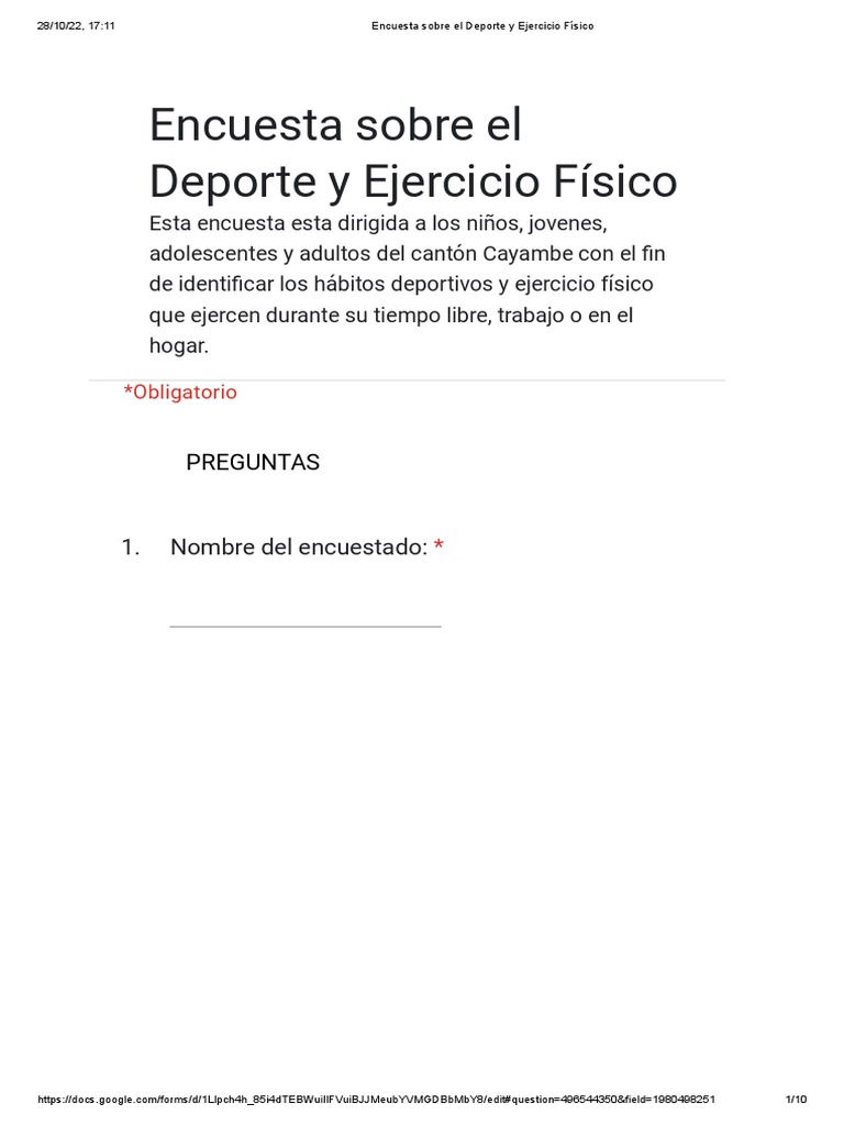 Encuesta Sobre El Deporte y Ejercicio Físico - Preguntas | PDF ...