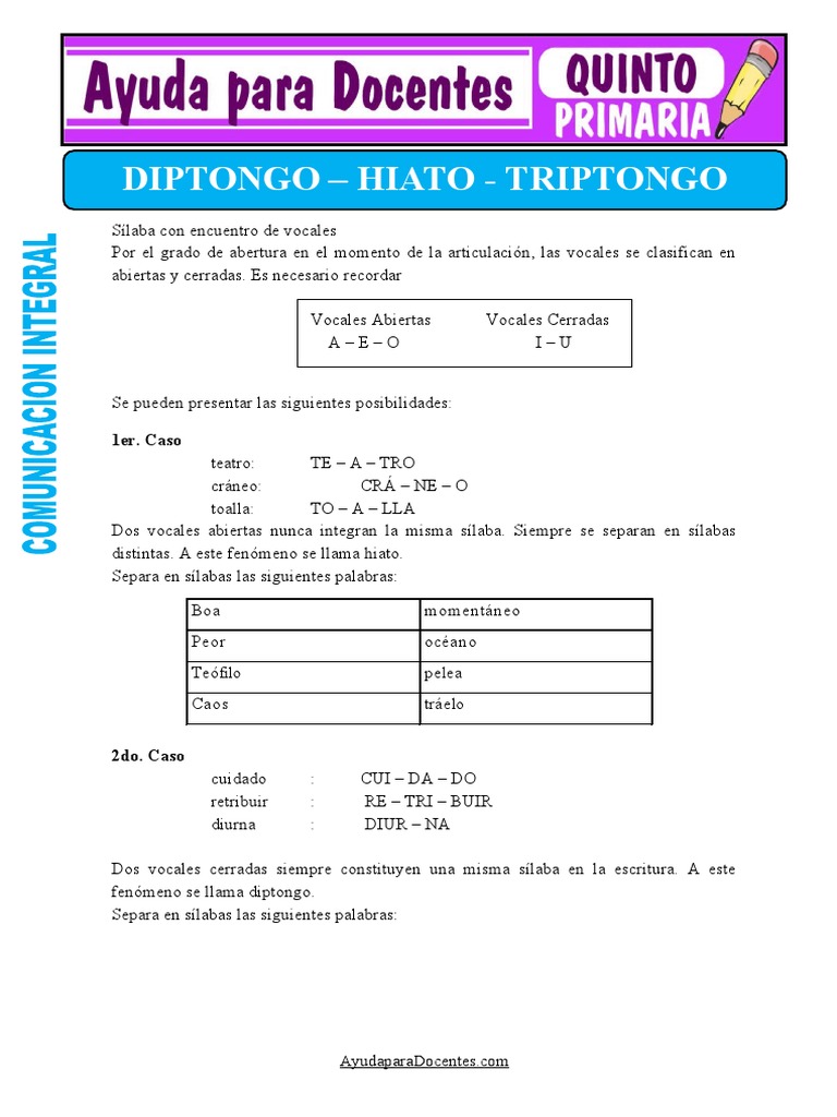 Diptongo Hiato Triptongo para Quinto de Primaria | PDF | Sílaba | Vocal