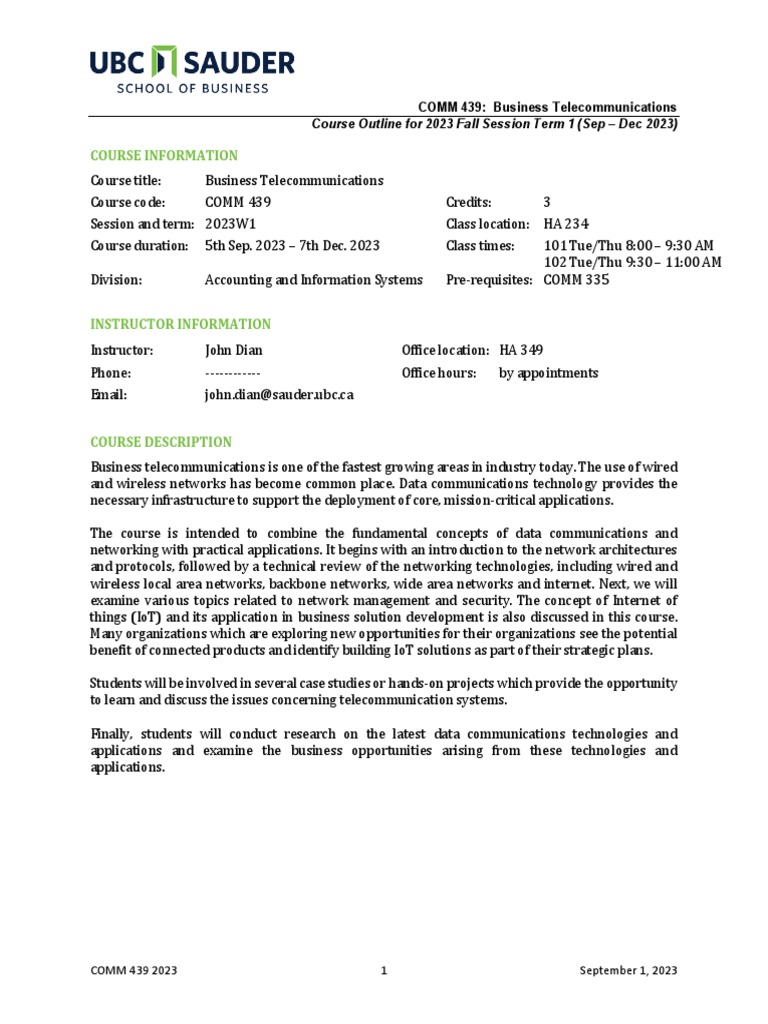 c439 Course Outline 2023 | PDF | Computer Network | Osi Model