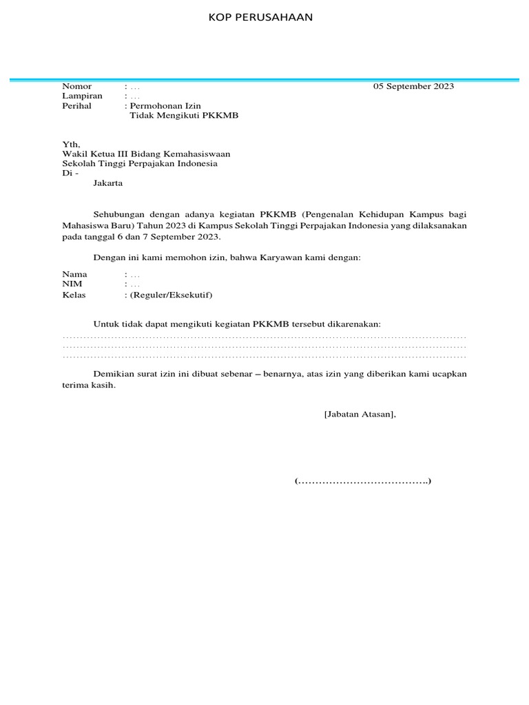 Surat Izin Tidak Mengikuti PKKMB | PDF