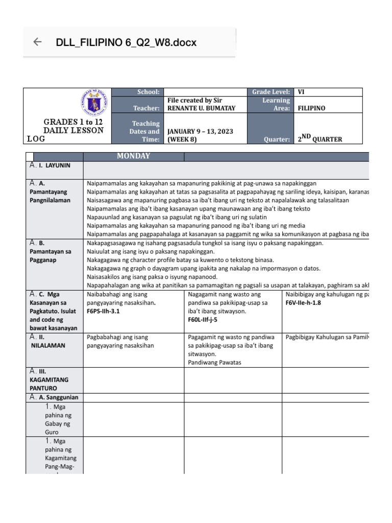 DLL Filipino Q2 W8 | PDF