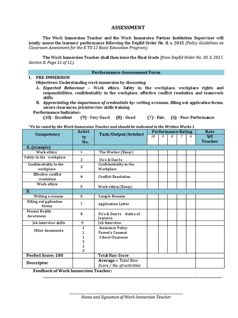 ASSESSMENT Work Immersion | PDF | Business Process | Job Interview