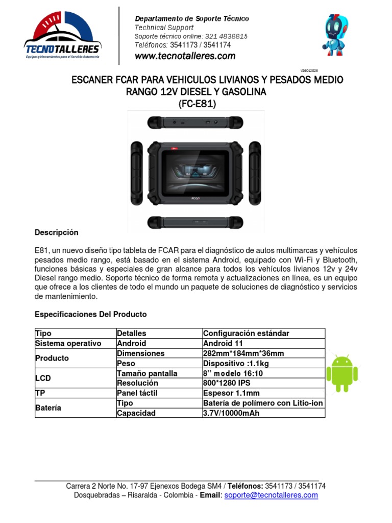 Ficha Técnica Escáner FCAR E81 | PDF | Coche | Vehículo de motor