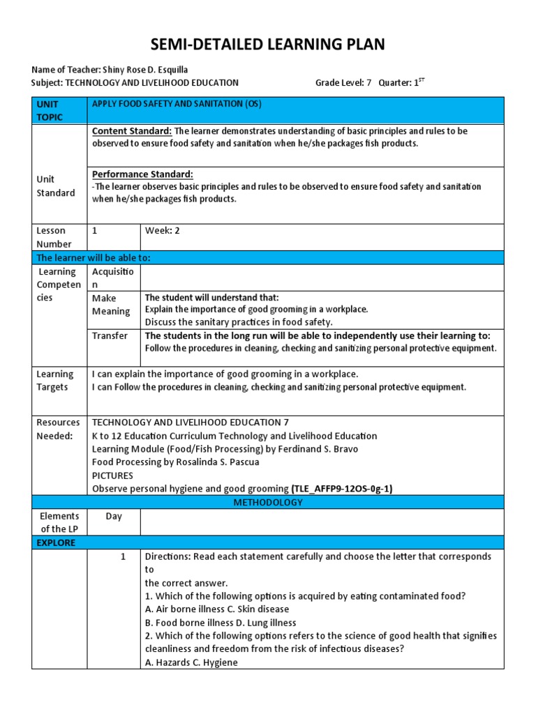 Detailed Learning Plan in TLE 7-Week 4 | PDF | Hygiene | Sanitation